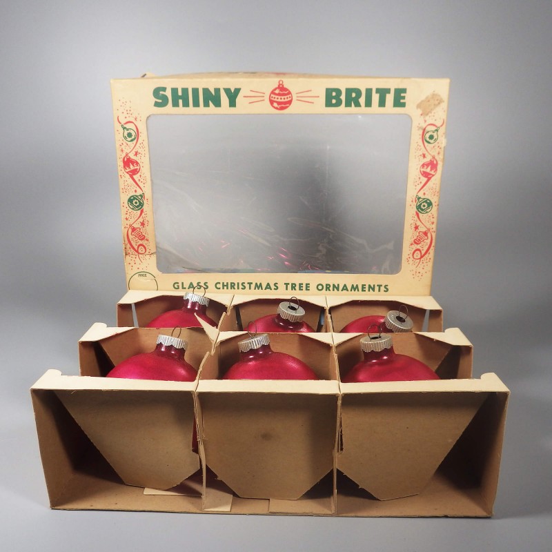 6 Red Vintage Large Shiny Brite Christmas Ornaments in Box