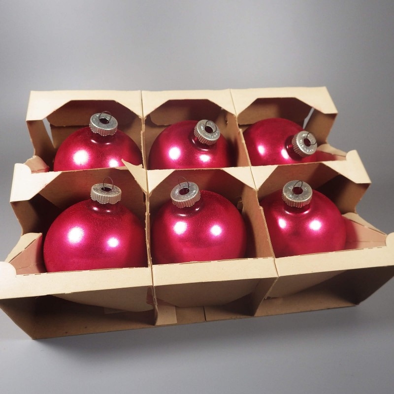 6 Red Vintage Large Shiny Brite Christmas Ornaments in Box